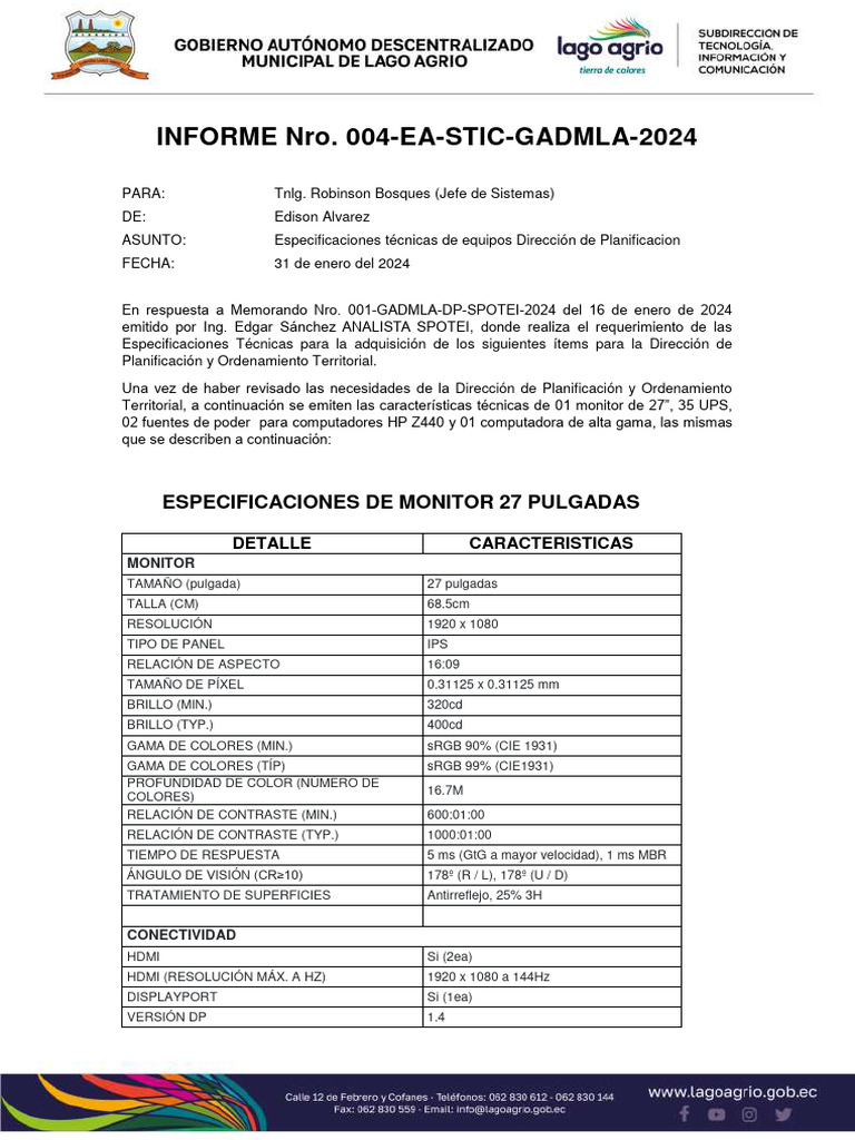 INFORME Nro. 004-EA-STIC-GADMLA-2024: Especificaciones de Monitor 27 ...