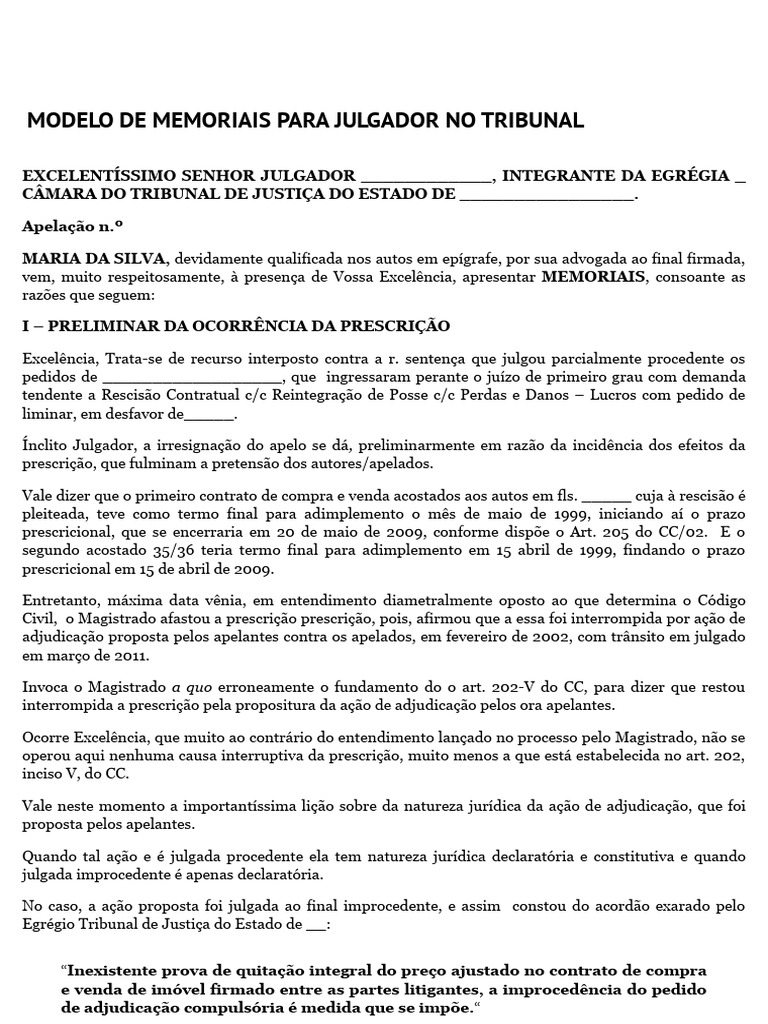MODELO DE MEMORIAIS PARA JULGADOR NO TRIBUNAL - Advogando Nos Tribunais - Érica Vairich | PDF ...