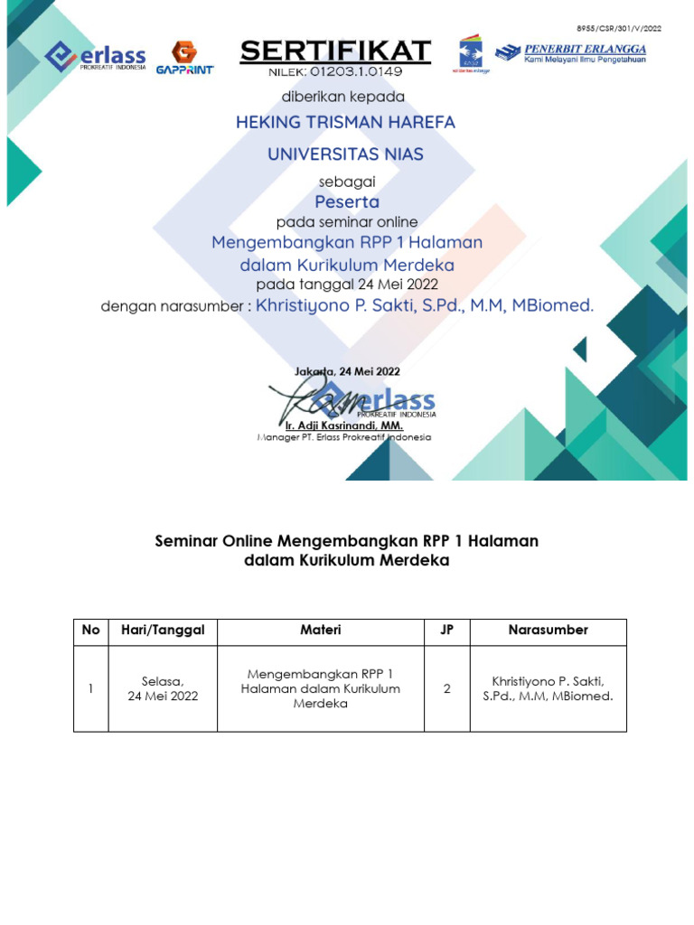 E-Sertifikat Webinar 1119 RPP 24052022 HEKING TRISMAN HAREFA | PDF | Karier & Perkembangan