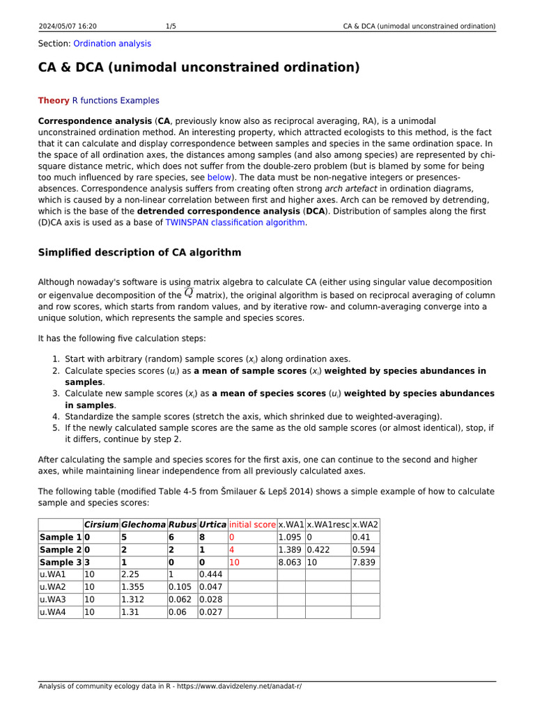 Ca Dca Unimodal Unconstrained Ordination Pdf Principal Component Analysis Applied Mathematics