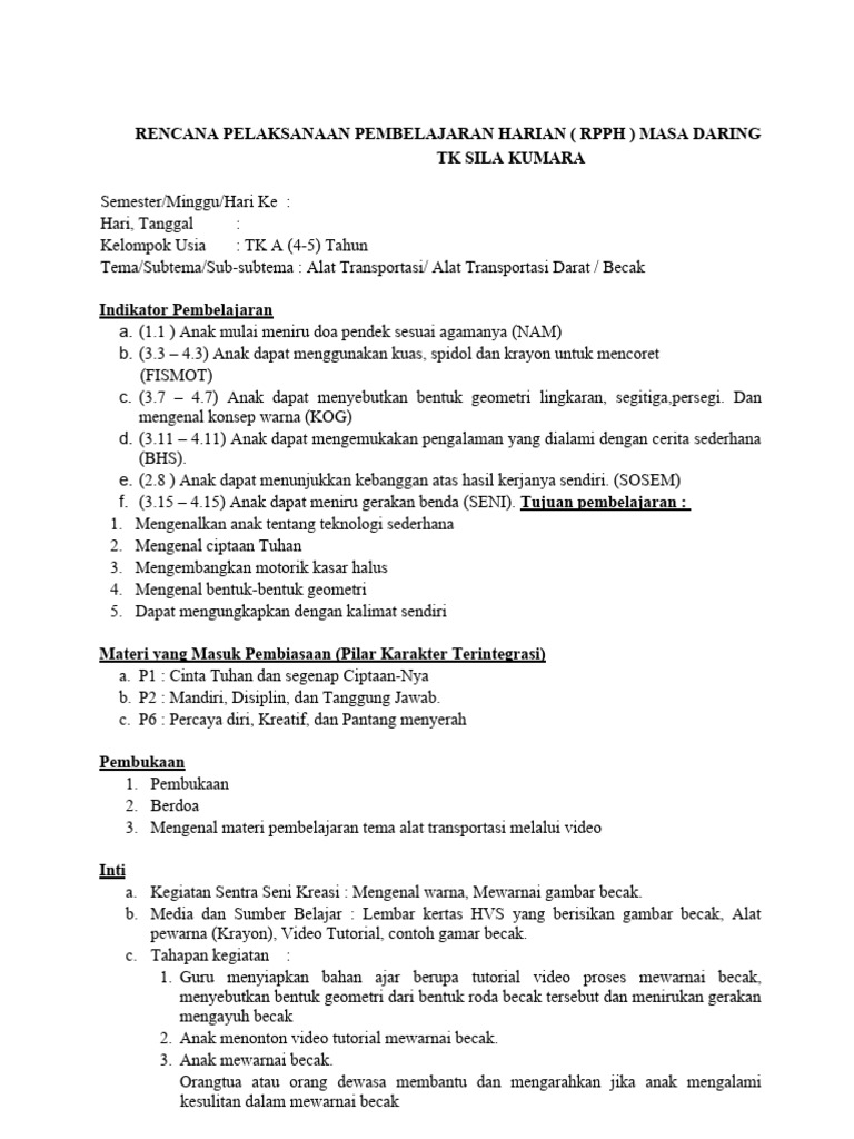 RPPH Tema Alat Transportasi Darat TK | PDF