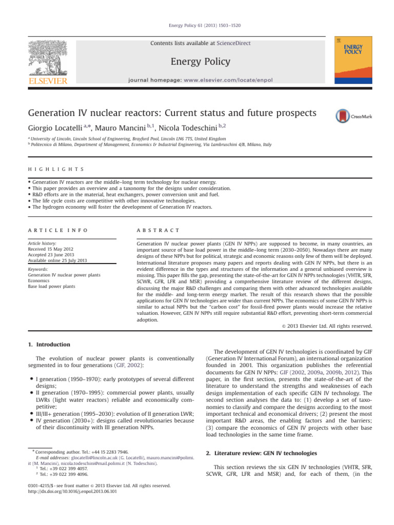 Generation IV nuclear reactors Current status and future prospects | PDF | Nuclear Fuel ...