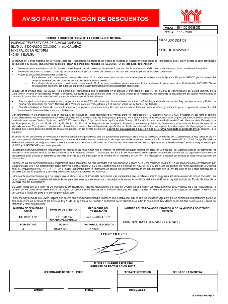 Aviso Retencion Infonavit | PDF | Salario mínimo | Crédito