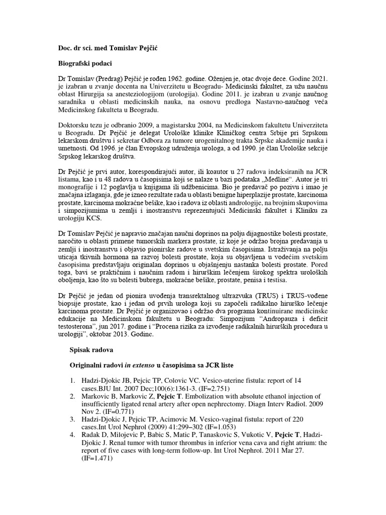 Urolog Doc DR Tomislav Pejcic CV | PDF