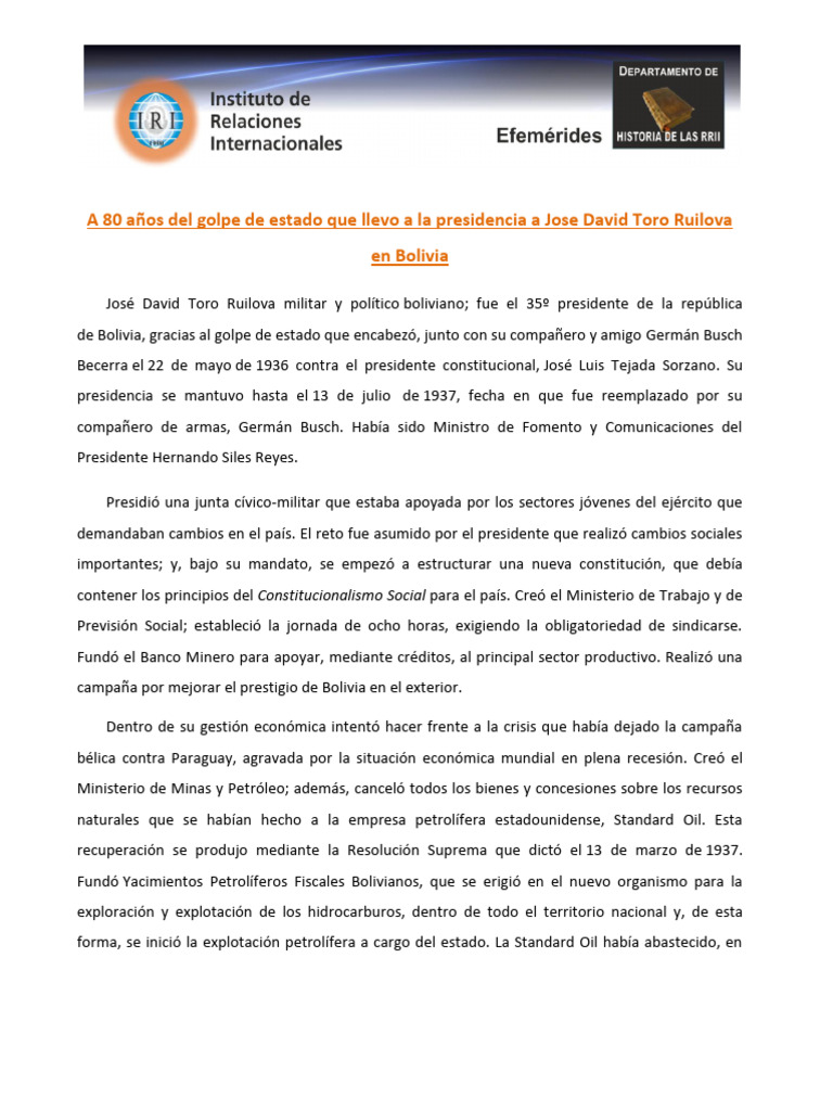 80 años del golpe a José David Toro | PDF | Gobierno