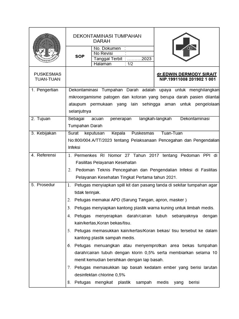 Sop Dekontaminasi Tumpahan Darah | PDF | Sains & Matematika