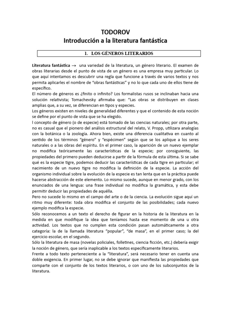 TODOROV Resumen Introducción A La Literatura Fantástica Cap 1-3 | PDF | Fantasía | Teoría