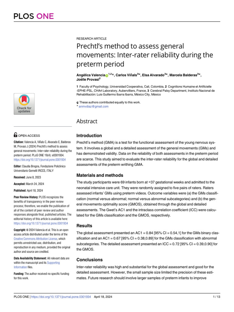 Prechtls Method To Assess General Movements Inter | PDF | Self ...