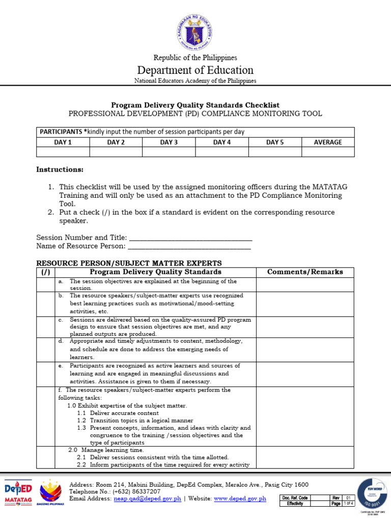 Standards Checklists For PD Compliance - 2024 | PDF | Expert | Learning
