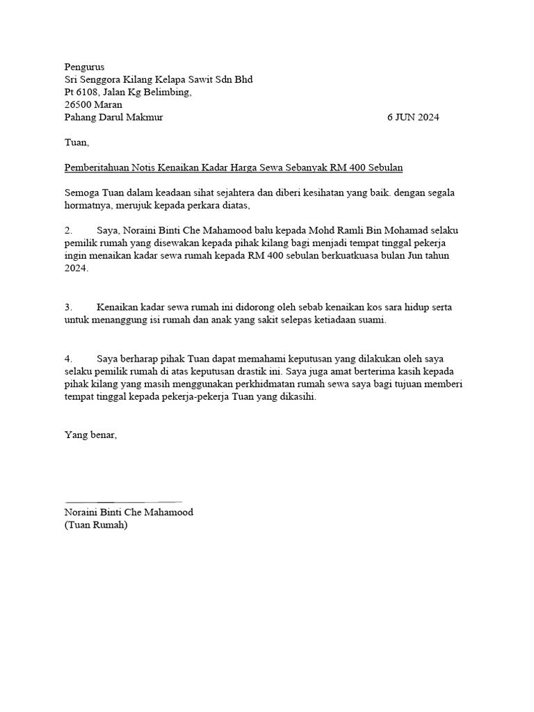 Notis Kenaikan Harga Sewa Rumah 1 | PDF