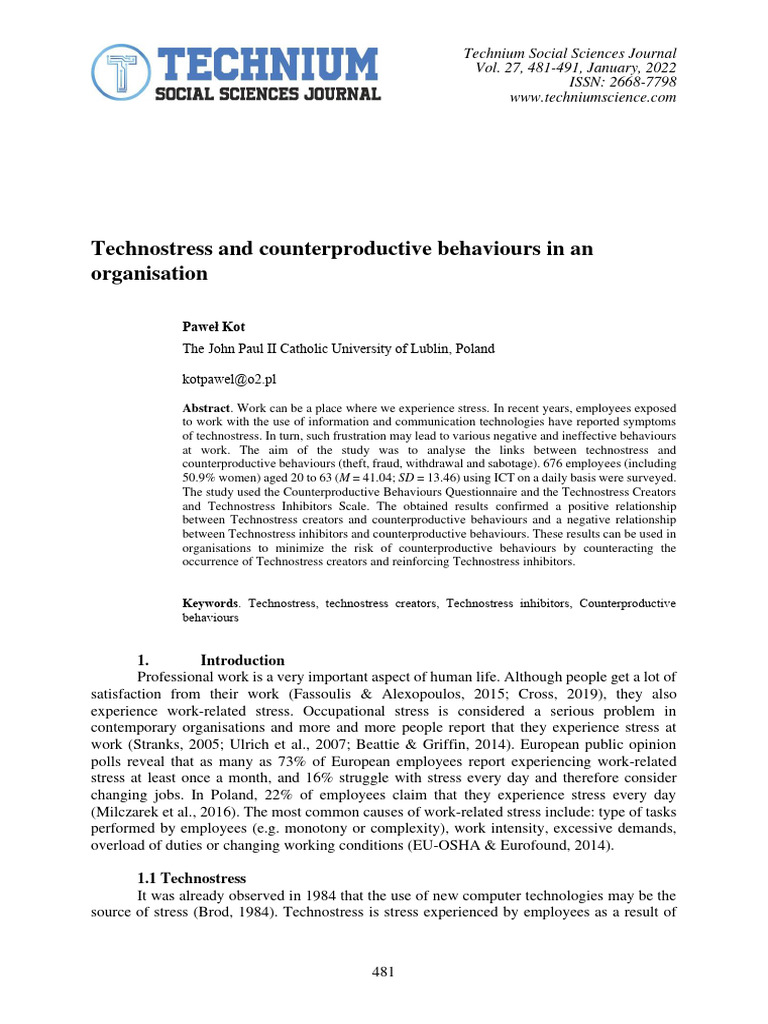 Technostress and Counterproductive Behaviours in An | PDF | Psychology