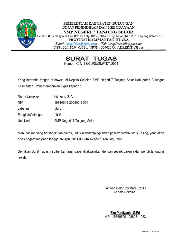 Surat Tugas Guru Smp7 | PDF