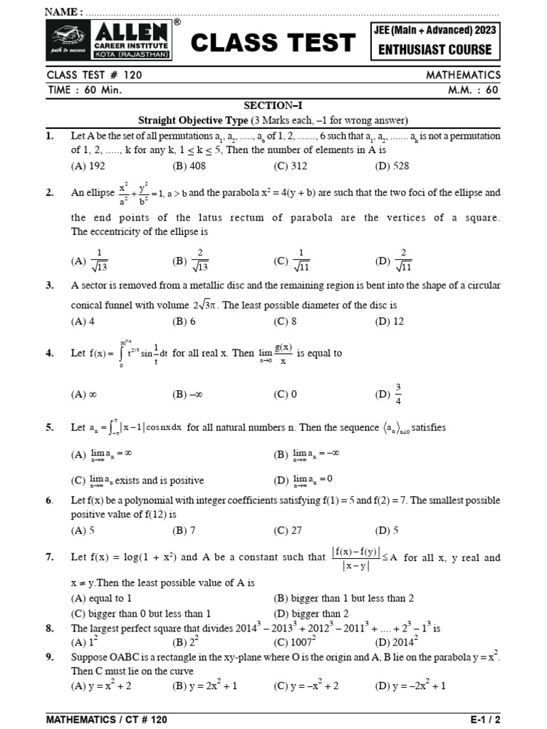 120 Class Test (E-TMAS) Student Copy | Download Free PDF | Geometry ...