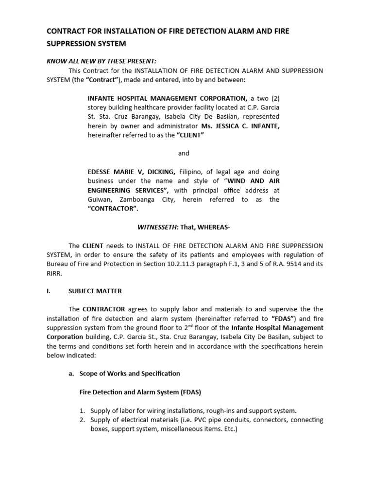 Fire Alarm Installation Contract Template | PDF | Fire Sprinkler System