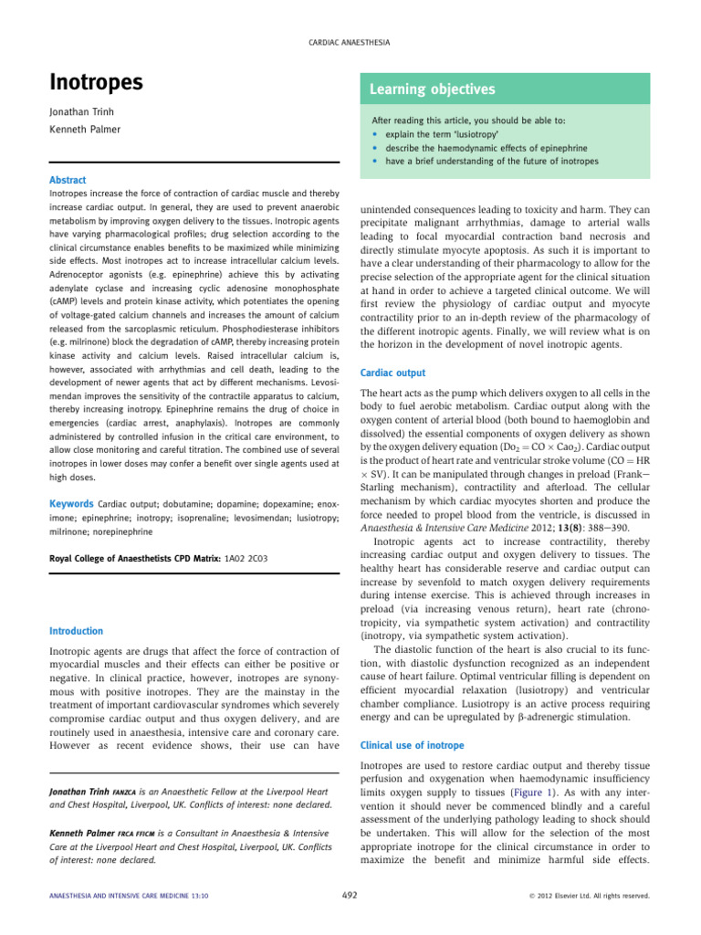 U2T1L3 Inotropes | PDF | Heart | Vasodilation