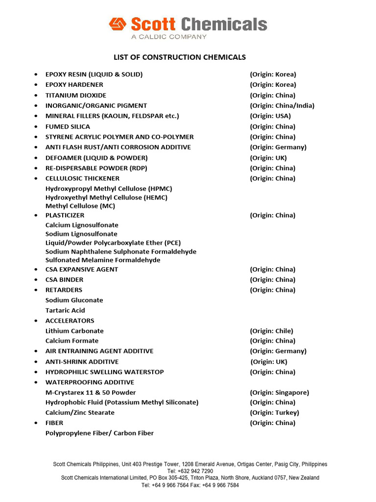 Scott Chemicals Construction Products List | PDF | Materials | Chemical ...