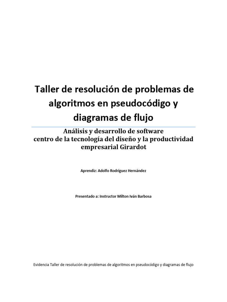 Taller de resolución de problemas de algoritmos en pseudocódigo y diagramas de flujo | Descargar ...