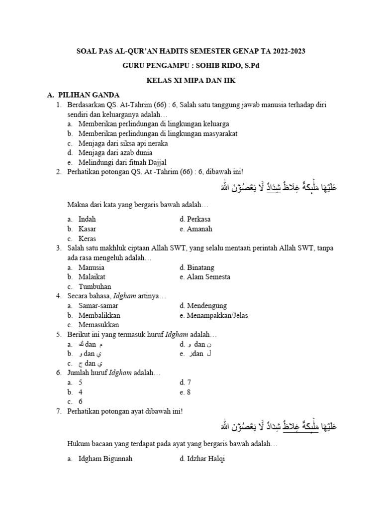 SOAL PAS QH. 2022 2023 | PDF