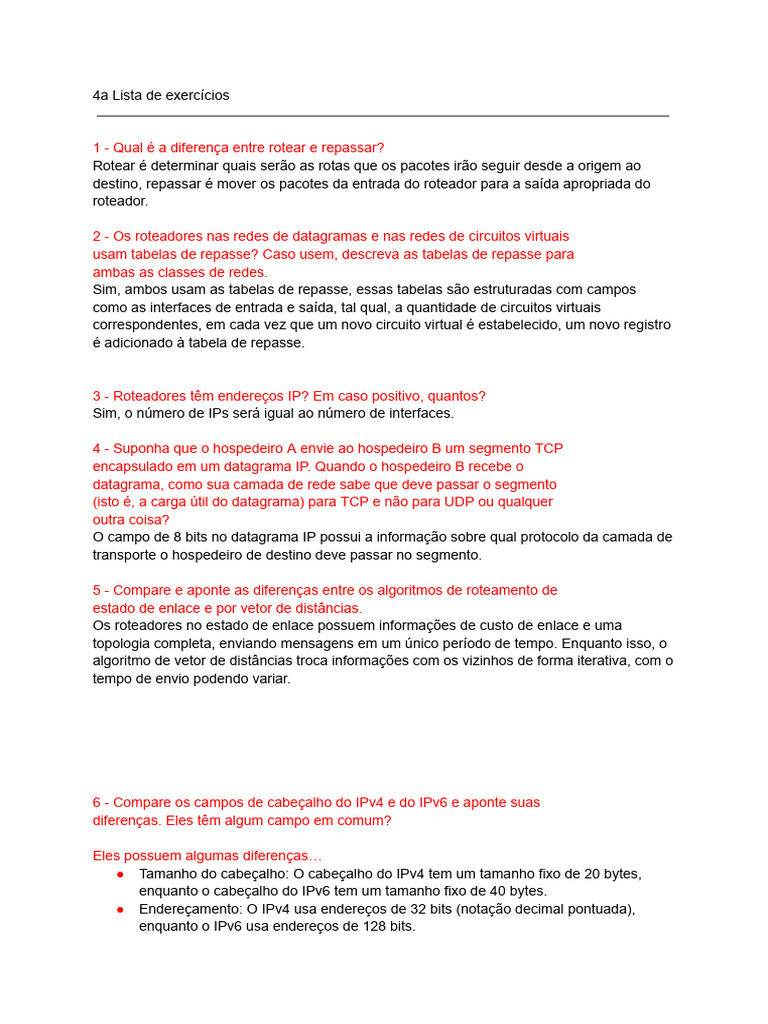 Lista 4 - Capitulo4 - Kurose | PDF | I Pv6 | Rede de computadores