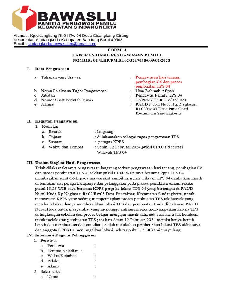 LAP FORM A LHP TPS 04 Pengawasan Pembagian C6 | PDF