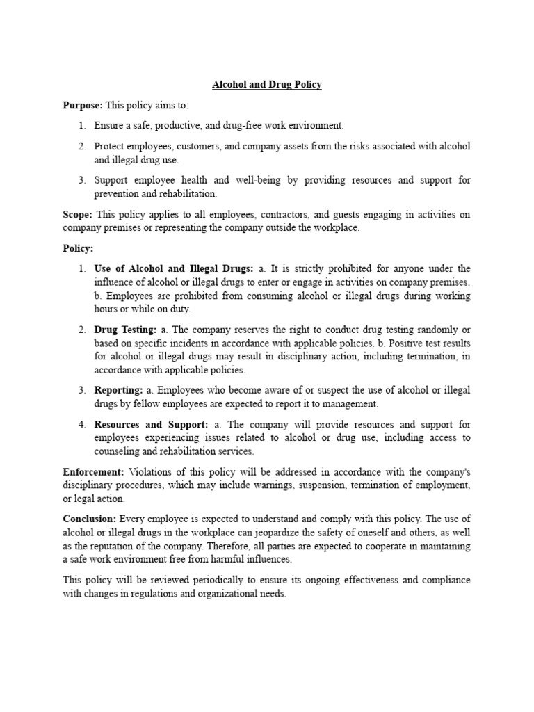 Workplace Alcohol and Drug Policy | PDF | Wellness
