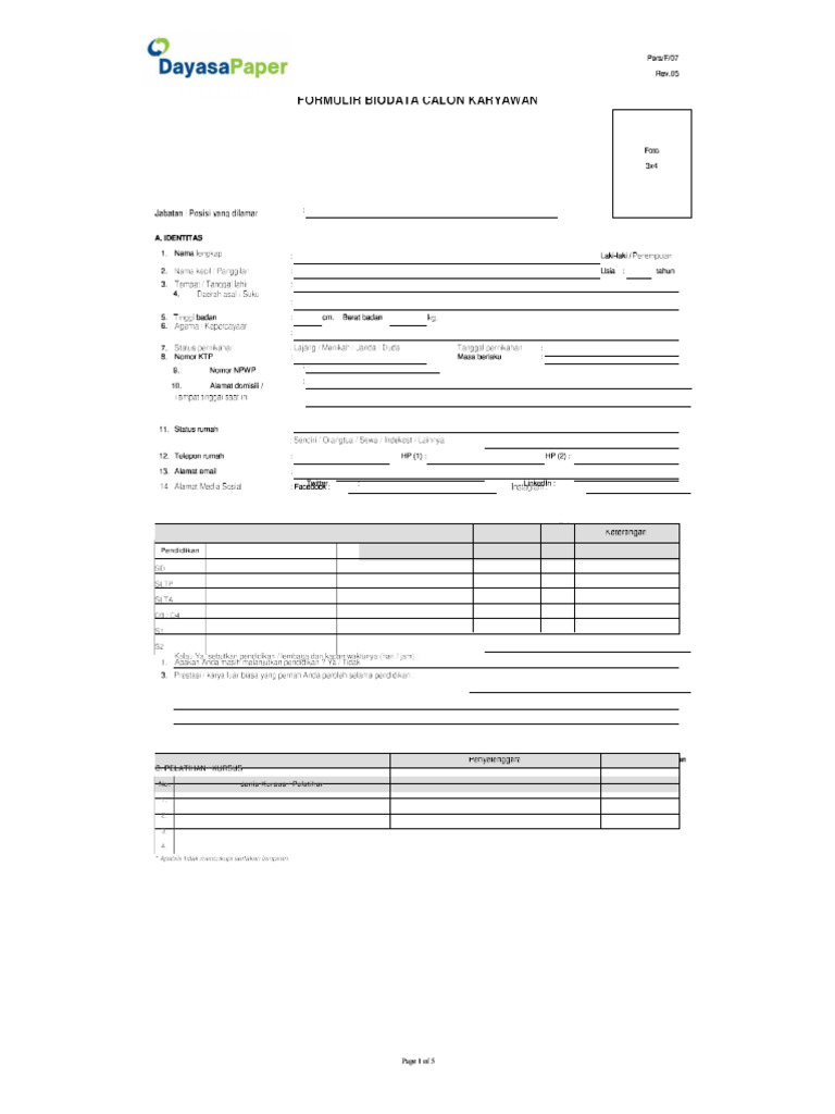 Formulir Data Pelamar PT Dayasa Aria Prima | PDF