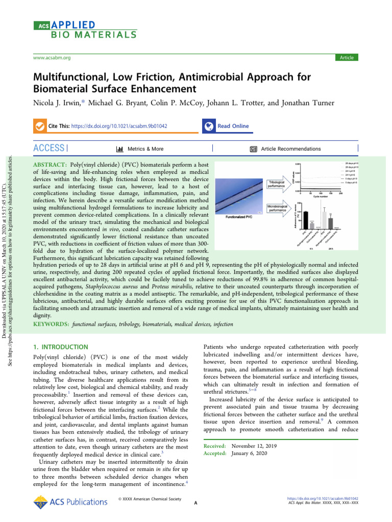 Multifunctional, Low Friction, Antimicrobial Approach For | PDF | Catheter