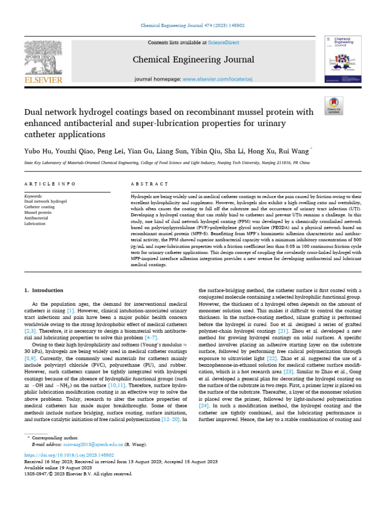 Dual Network Hydrogel Coatings Based On Recombinant Mussel Protein With ...