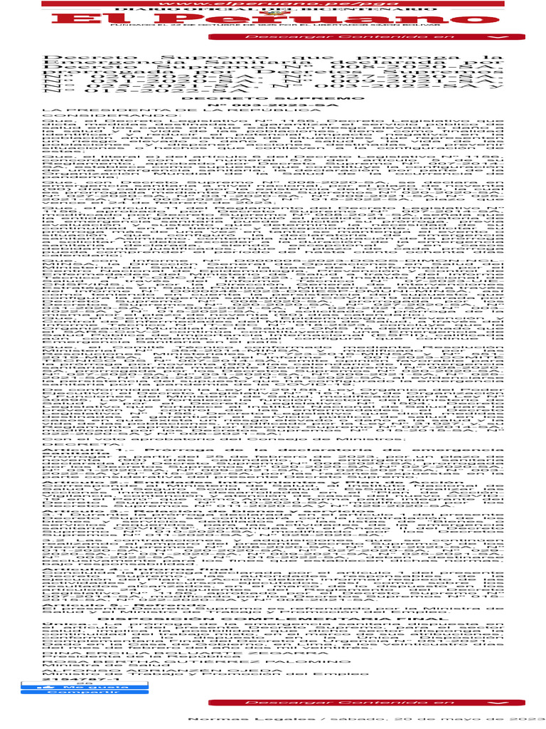 El Peruano - Decreto Supremo Que Prorroga La Emer | PDF | Estado de emergencia | Organización ...