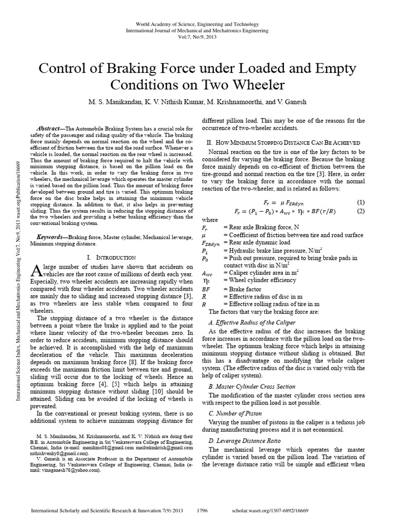 Control Over Brakes Dynamics Pdf Brake Lever