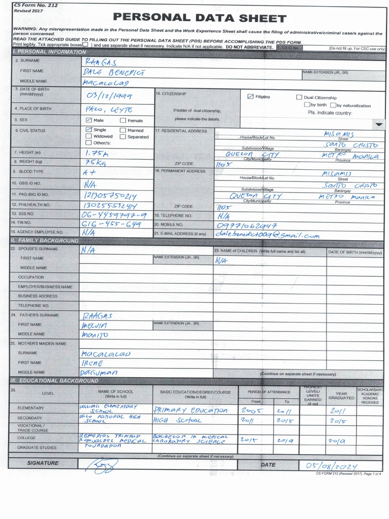 Personal Data Sheet | PDF