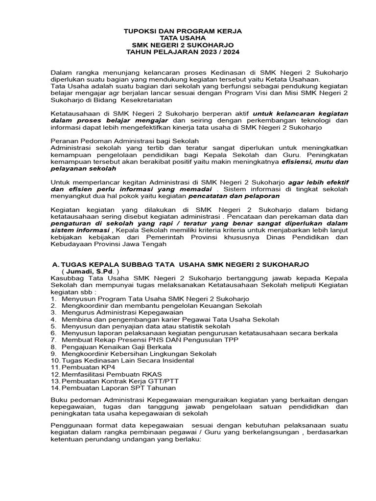 Tupoksi Dan Program Kerja Tu 2021 | PDF | Bisnis
