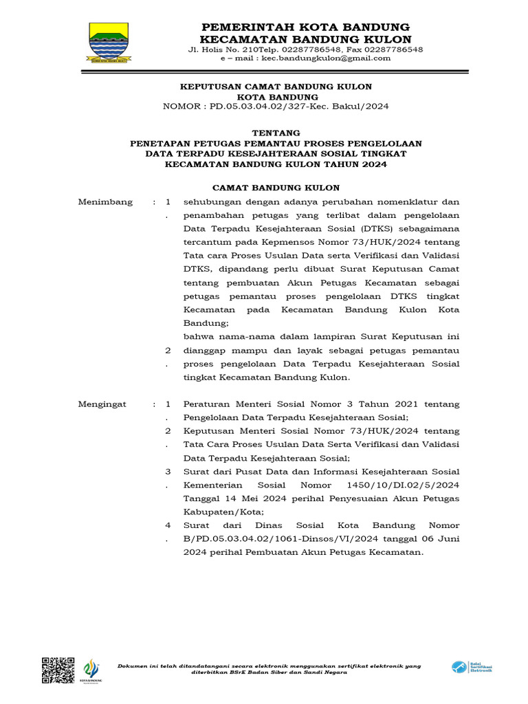 SK Pemantau Operator DTKS Kecamatan Bandung Kulon Tahun 2024 | PDF