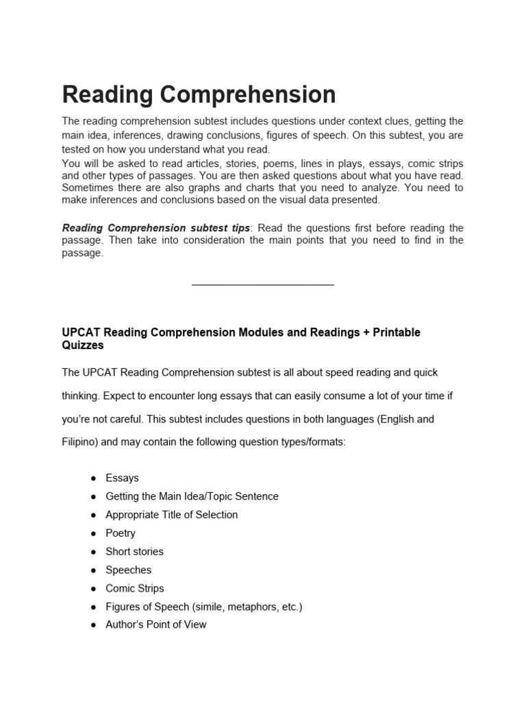 UPCAT Reading Comprehension Coverage and Reading Materials | PDF ...