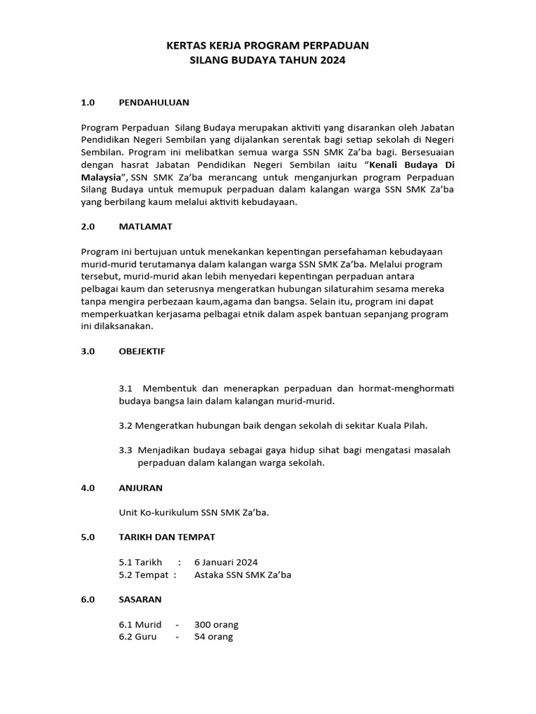 Kertas Kerja Program Perpaduan Budaya 2024 | PDF