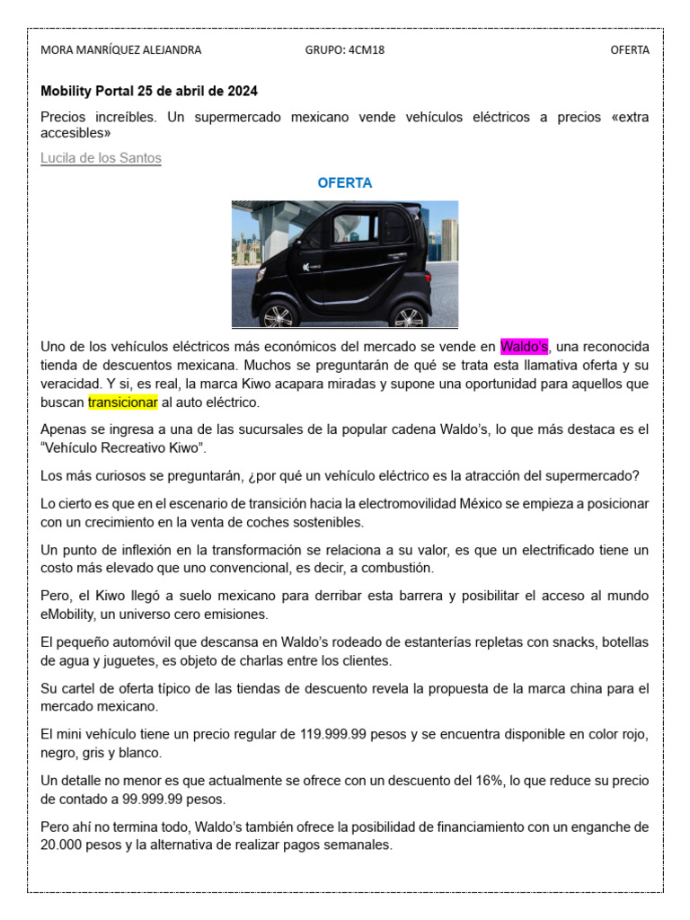 Vehículo Eléctrico Kiwo en Waldo's México | PDF | Coche eléctrico | Coche