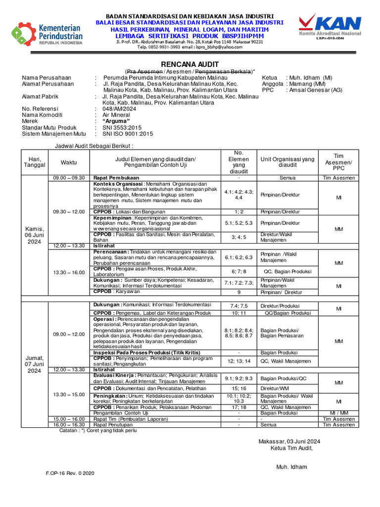 Contoh Rencana Audit Sertifikasi SPPT SNI | PDF