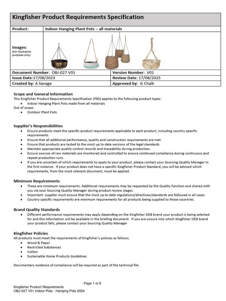 OBJ-027 V01 PRS Doc Indoor Pots - Hanging Pots 2025 | PDF | Regulatory ...