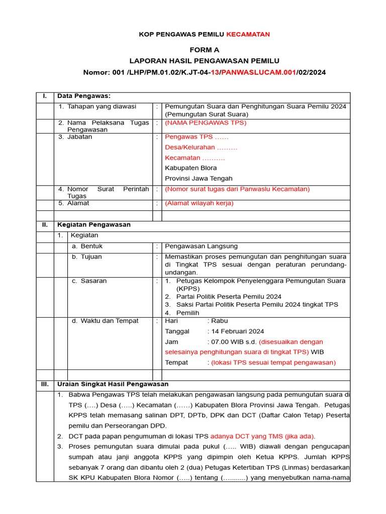 Laporan Pengawasan Pemilu 2024 TPS Blora | PDF