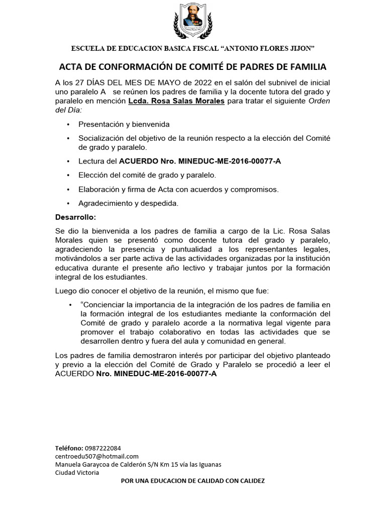 Acta De Comite De Padres De Familia De Grado O Curso 2024 Pdf/acta De ...