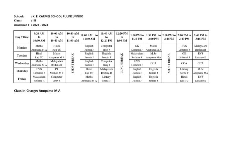 Std 1b New Time Table | PDF
