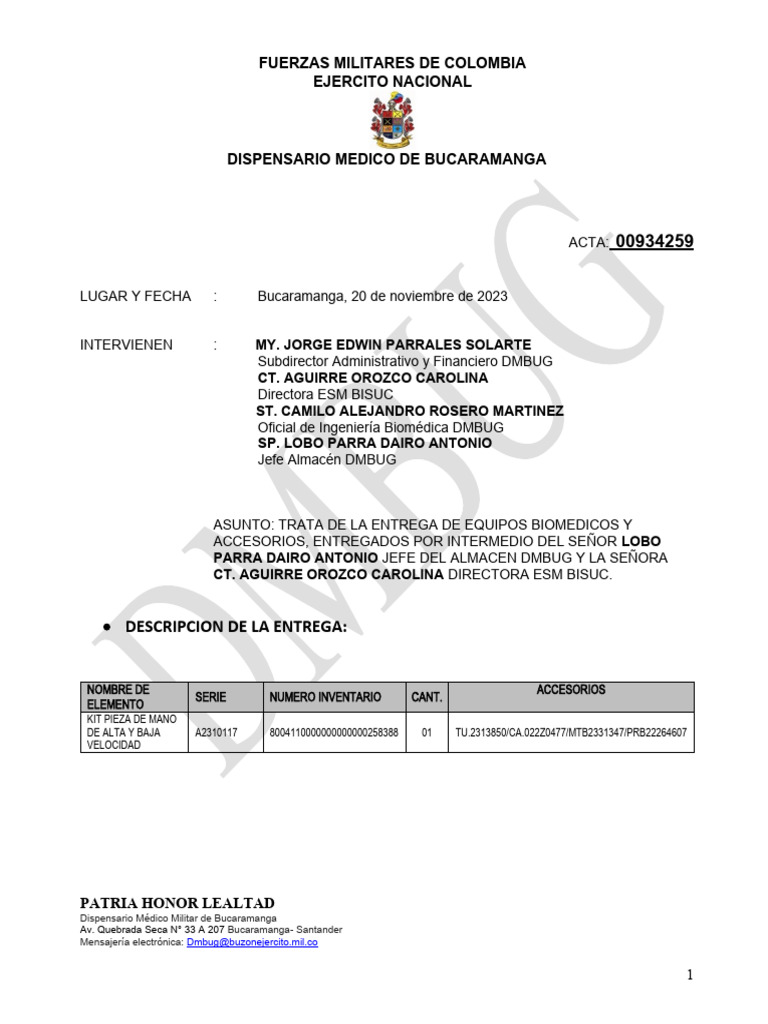 Acta de Entrega Kit Odontologia Bisuc | PDF