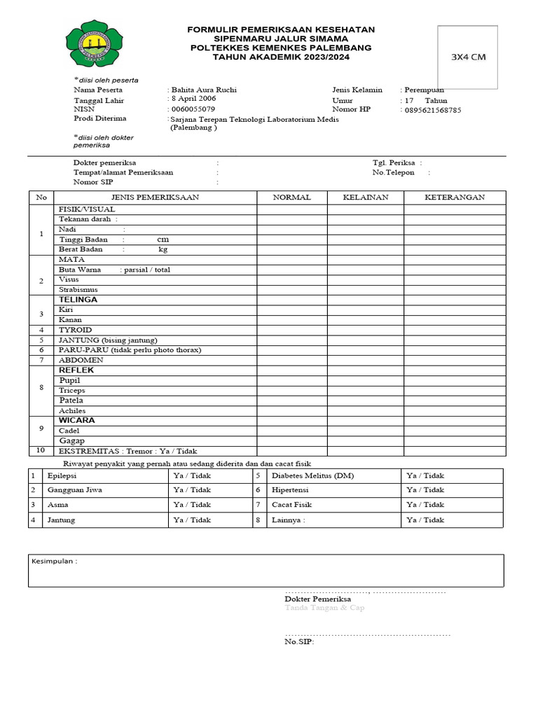 Lampiran Formulir Pemeriksaan Kesehatan Simama 2023 | PDF