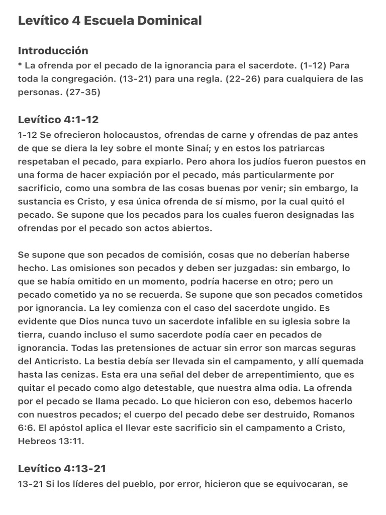 Levítico 4 Escuela Dominical Comentario | PDF | Pecado | Libro de levítico