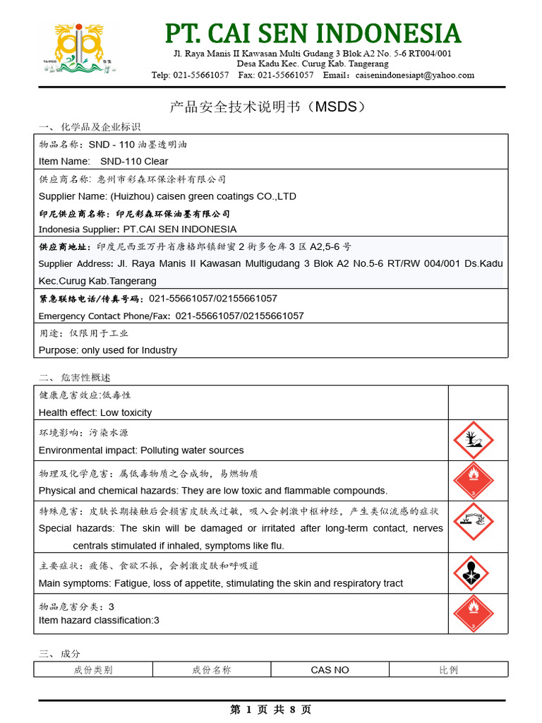 SND-110（MSDS） (1) | Download Free PDF | Dangerous Goods | Firefighting