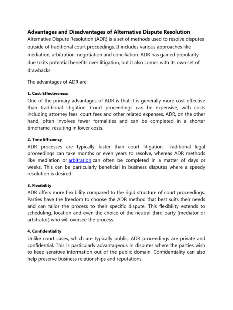 Advantages and Disadvantages of Alternative Dispute Resolution | PDF | Alternative Dispute ...