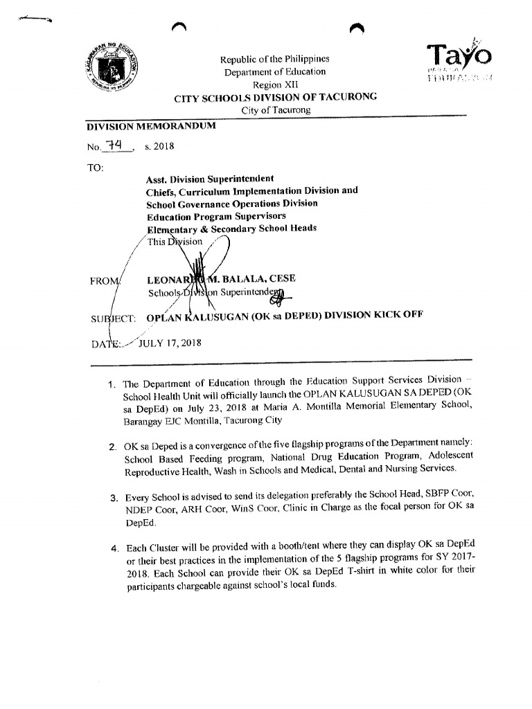 DM No. 74 S. 2018 Oplan Kalusugan Ok Sa DepEd Division Kick Off | PDF