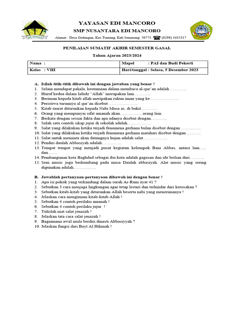 Soal Psas 1 Kelas 8 | PDF