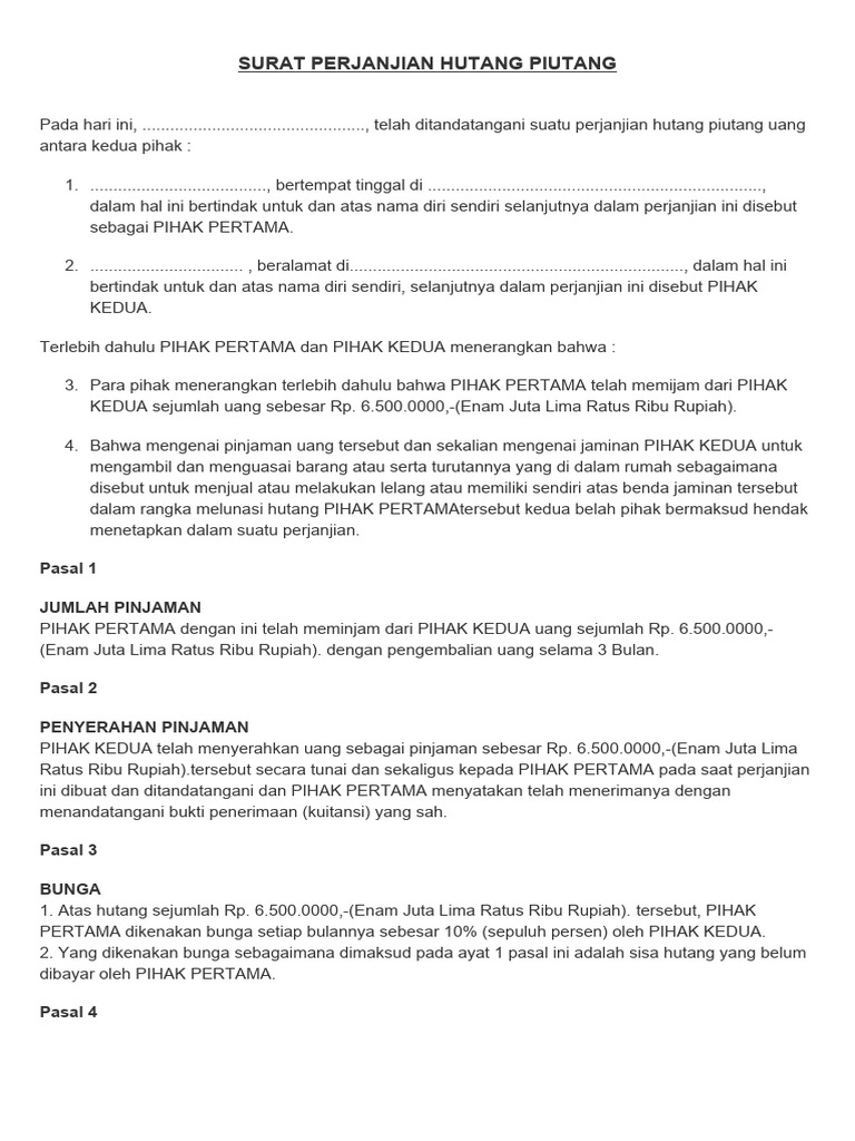 Surat Perjanjian Hutang Piutang | PDF