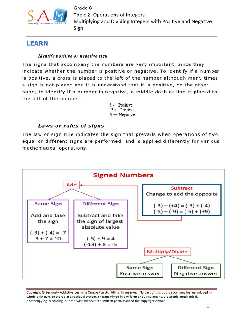 Grade 8, Operations of Integers Worksheet | PDF | Multiplication | Numbers